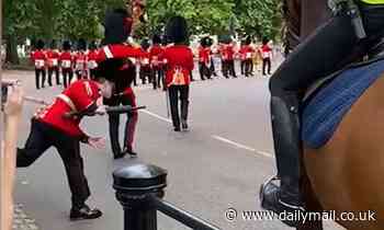 Coldstream Guard grabs bearskin hat and rifle as he nearly falls over ...